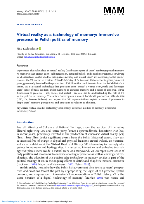 (PDF) Virtual reality as a technology of memory: Immersive presence in ...