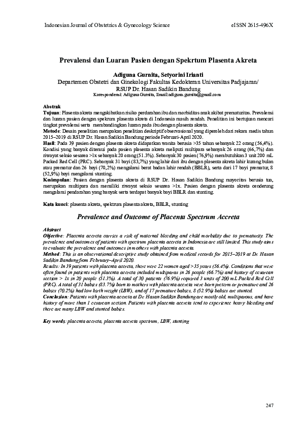 (PDF) Prevalensi dan Luaran Pasien dengan Spekrtum Plasenta Akreta