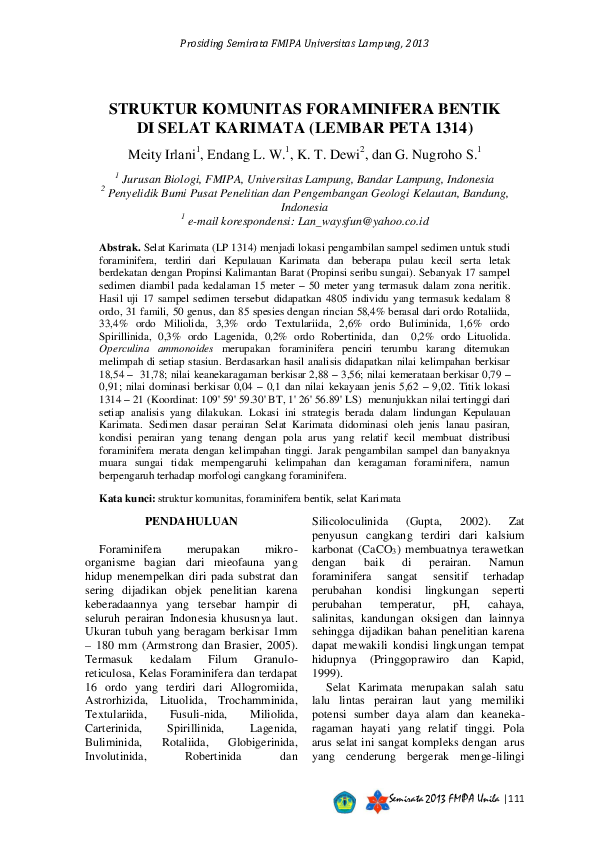 (PDF) Struktur Komunitas Foraminifera Bentik DI Selat Karimata (Lembar ...