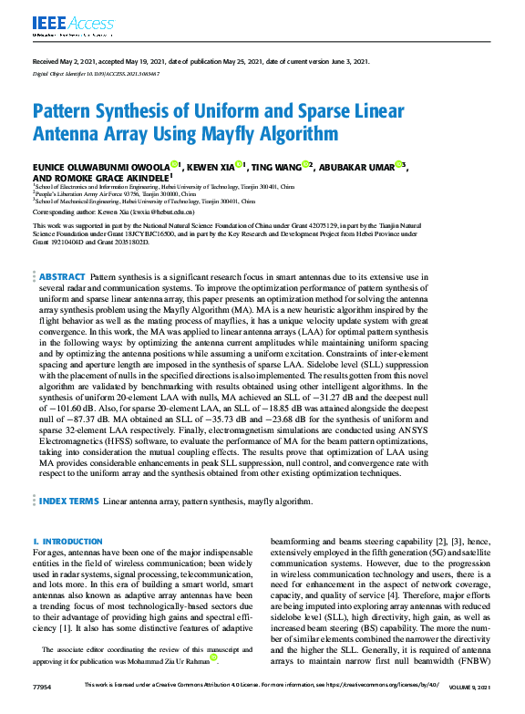 (PDF) Pattern Synthesis of Uniform and Sparse Linear Antenna Array Using Mayfly Algorithm