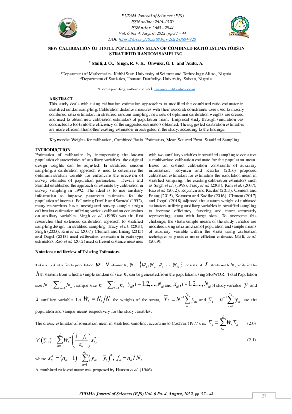Pdf New Calibration Of Finite Population Mean Of Combined Ratio Estimators In Stratified