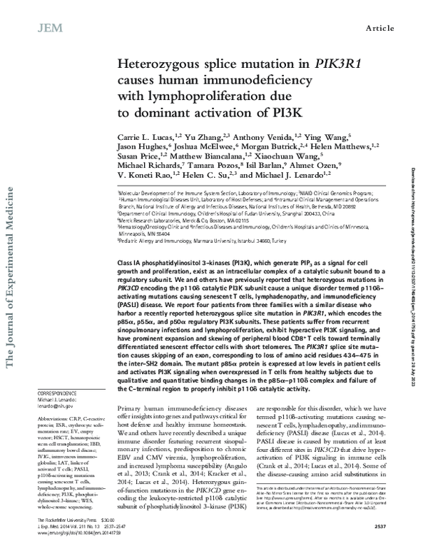 (PDF) Heterozygous splice mutation in PIK3R1 causes human ...