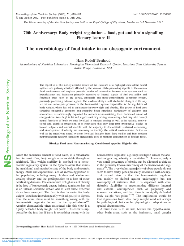 (PDF) The neurobiology of food intake in an obesogenic environment