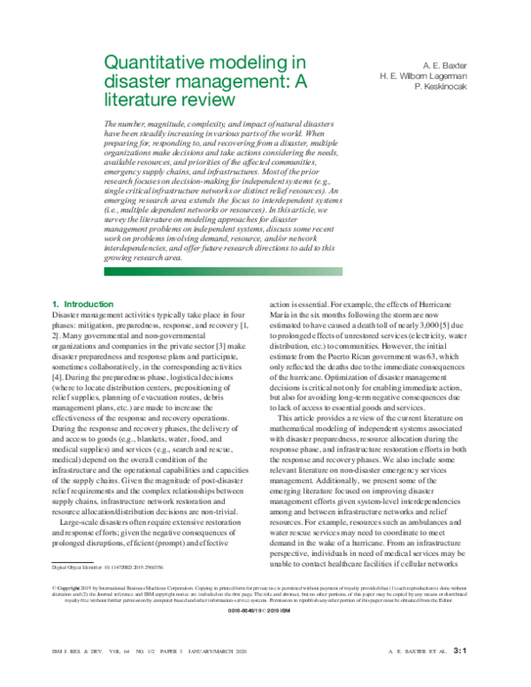 (PDF) Quantitative modeling in disaster management: A literature review