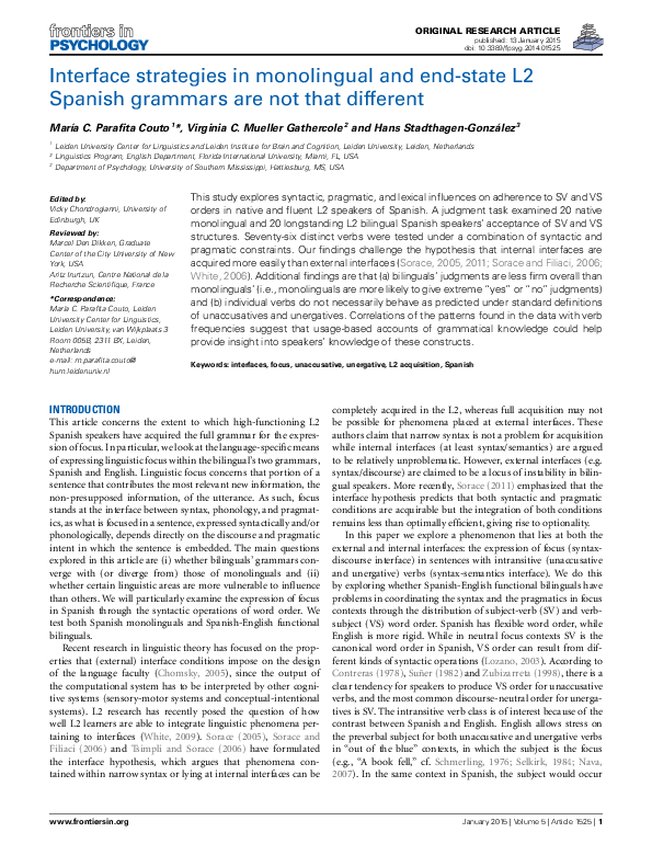 (PDF) Interface strategies in monolingual and end-state L2 Spanish ...