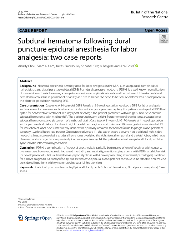 (PDF) Subdural hematoma following dural puncture epidural anesthesia ...
