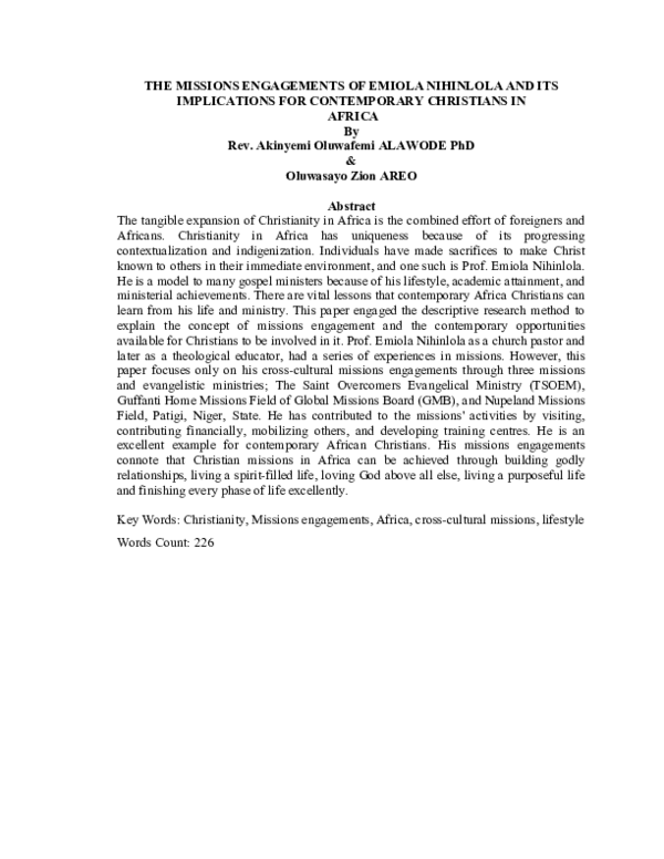 (DOC) THE MISSIONS ENGAGEMENTS OF EMIOLA NIHINLOLA AND ITS IMPLICATIONS ...