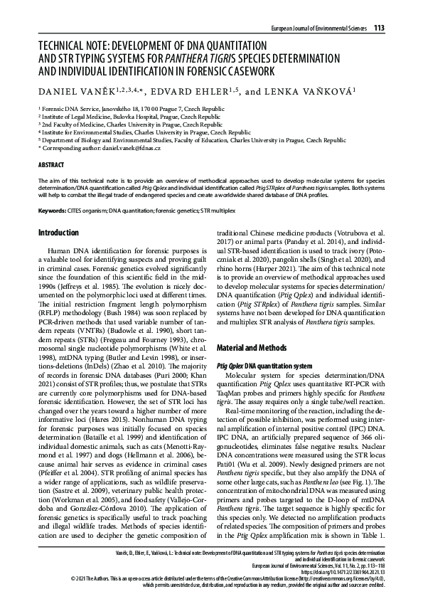 (PDF) Technical note: Development of DNA quantitation and STR typing systems for Panthera tigris ...