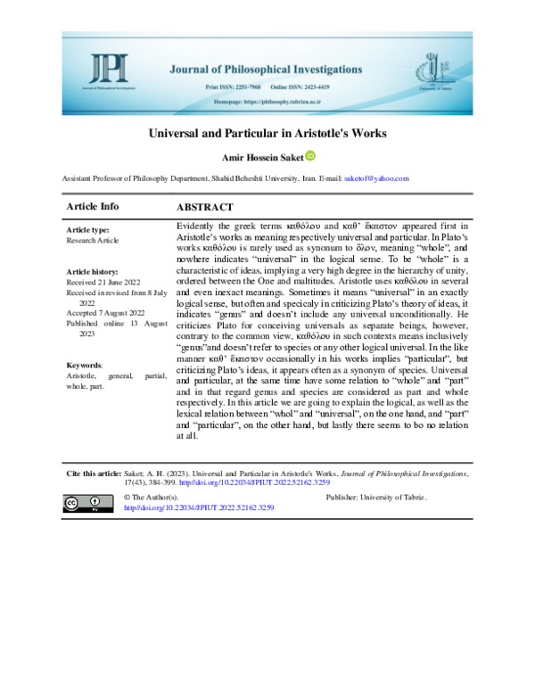 (PDF) Universal and Particular in Aristotle's Works