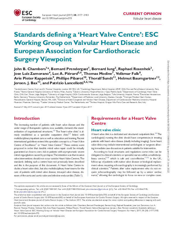 (PDF) Standards defining a ‘Heart Valve Centre’: ESC Working Group on ...