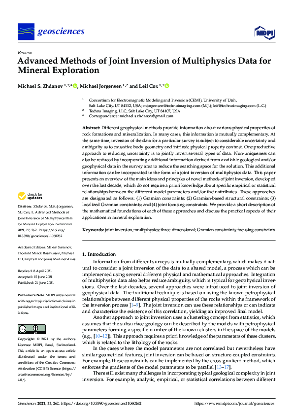 (PDF) Advanced Methods of Joint Inversion of Multiphysics Data for Mineral Exploration