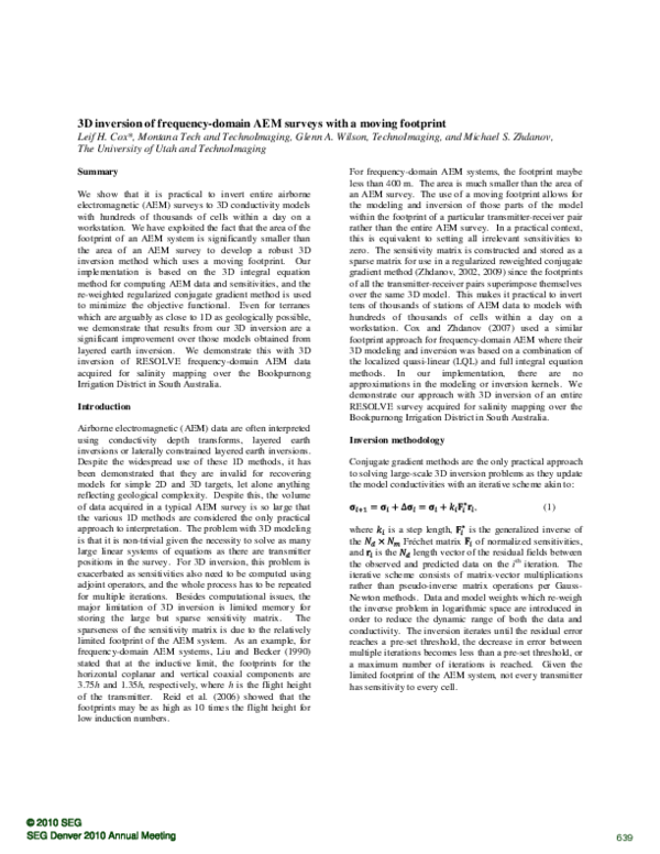 (PDF) 3D inversion of frequency‐domain AEM surveys with a moving footprint