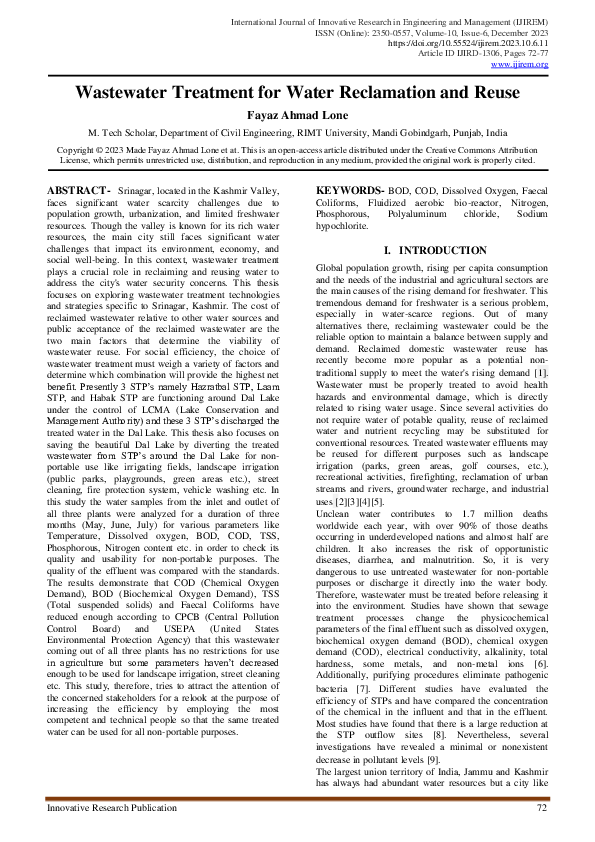(PDF) Wastewater Treatment for Water Reclamation and Reuse