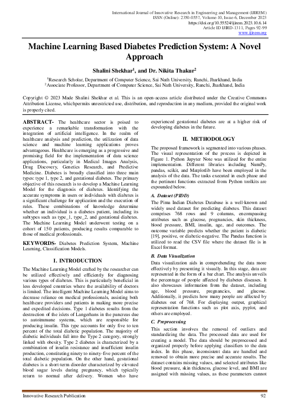 Pdf Machine Learning Based Diabetes Prediction System A Novel Approach