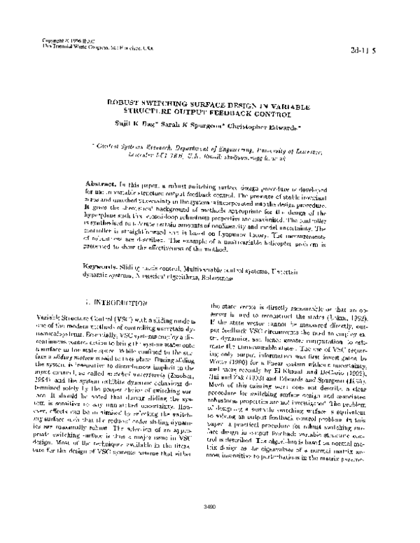 (PDF) Robust Switching Surface Design in Variable Structure Output Feedback Control
