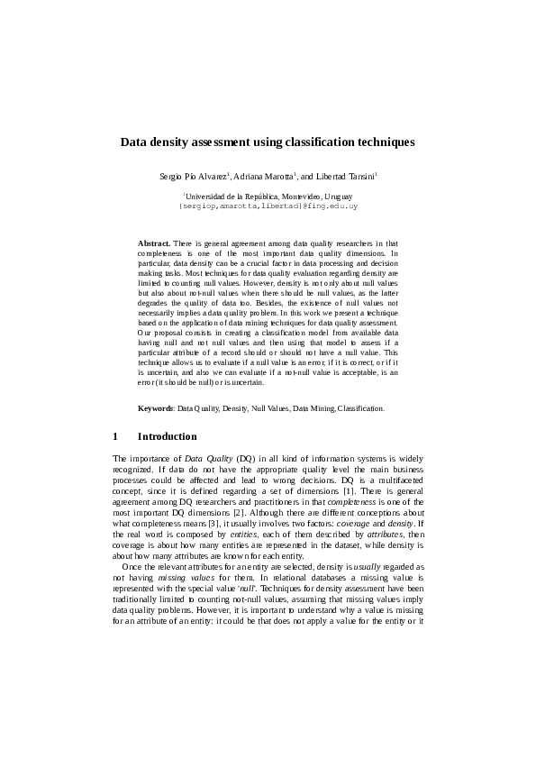 Pdf Data Density Assessment Using Classification Techniques
