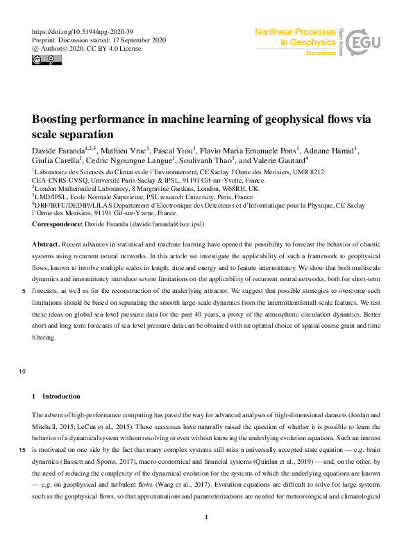 (PDF) Boosting performance in machine learning of geophysical flows via scale separation