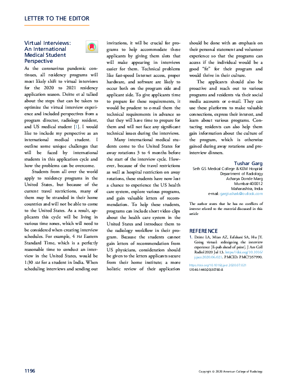 (PDF) Virtual Interviews: An International Medical Student Perspective