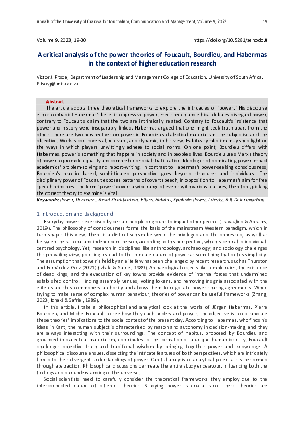 (PDF) A critical analysis of the power theories of Foucault, Bourdieu ...
