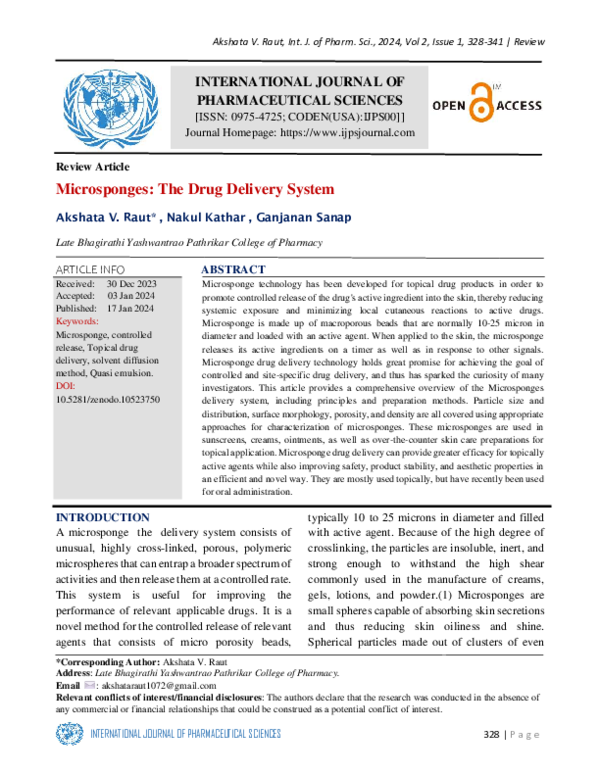 (PDF) Microsponges: The Drug Delivery System