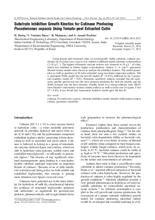 (PDF) Substrate Inhibition Growth Kinetics for Cutinase Producing ...