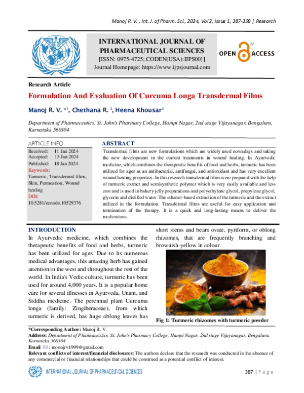 Pdf Formulation And Evaluation Of Curcuma Longa Transdermal Films