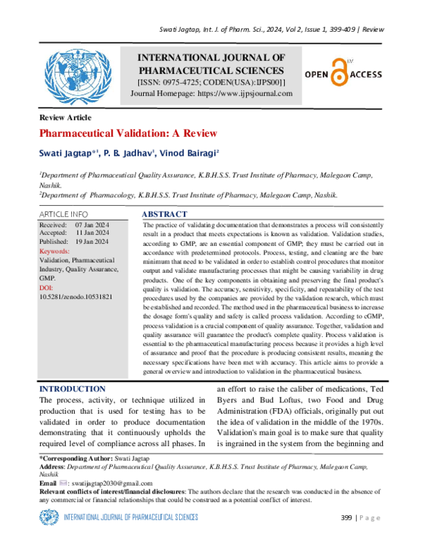 (PDF) Pharmaceutical Validation: A Review