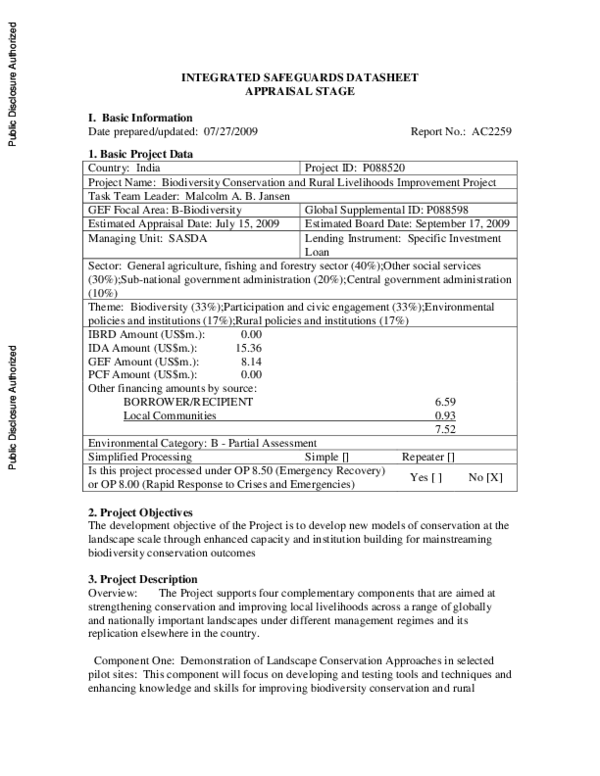 (PDF) Integrated Safeguards Datasheet Appraisal Stage