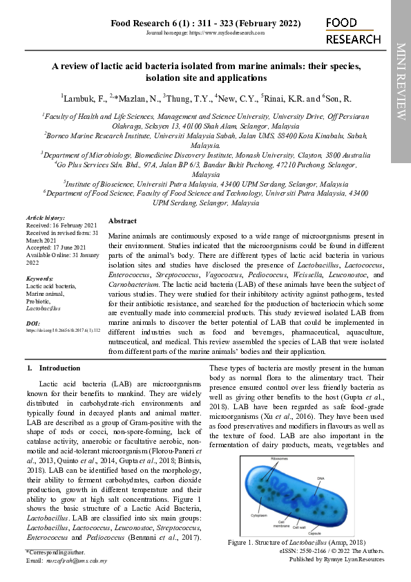 (PDF) A review of lactic acid bacteria isolated from marine animals ...