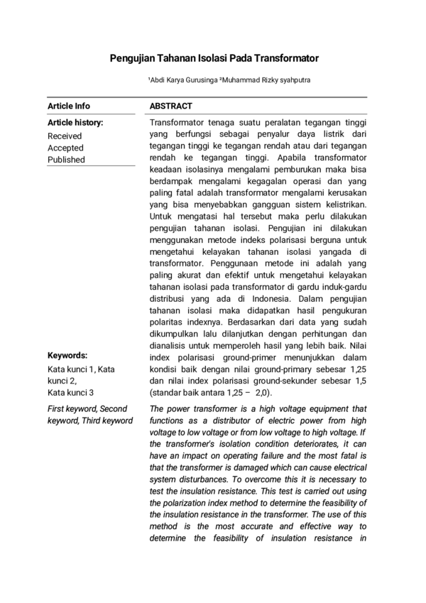 (PDF) Pengujian Tahanan Isolasi Pada Transformator (PDF) Pengujian Tahanan Isolasi Pada Transformator