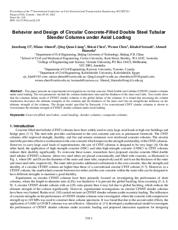 (PDF) Behavior and Design of Circular Concrete-Filled Double Steel Tubular Slender Columns under ...
