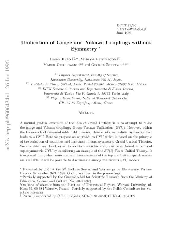 (PDF) Unification of Gauge and Yukawa Couplings without Symmetry