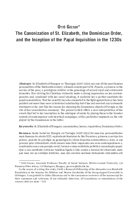 (PDF) The Canonization of St. Elizabeth, the Dominican Order, and the ...