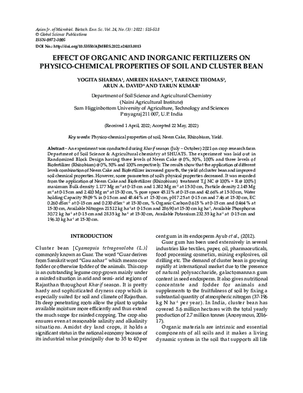 (PDF) Effect of Organic and Inorganic Fertilizers on Physico-Chemical Properties of Soil and ...