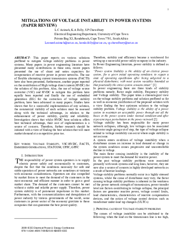 (PDF) Mitigations of voltage instability in power systems
