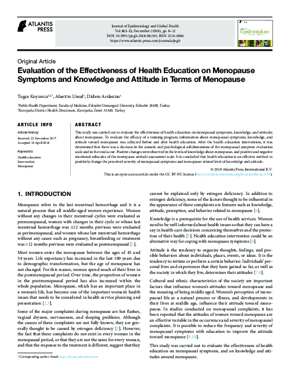 (PDF) Evaluation of the Effectiveness of Health Education on Menopause Symptoms and Knowledge ...