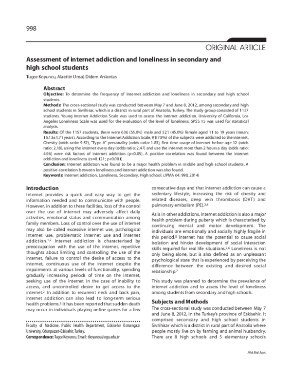 (PDF) Assessment of internet addiction and loneliness in secondary and ...
