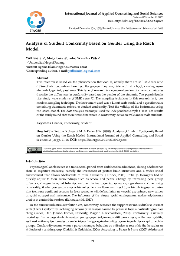 (PDF) Analysis of Student Conformity Based on Gender Using the Rasch Model