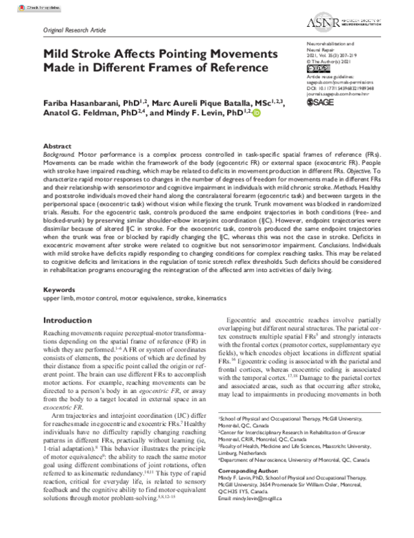 (PDF) Mild Stroke Affects Pointing Movements Made in Different Frames ...
