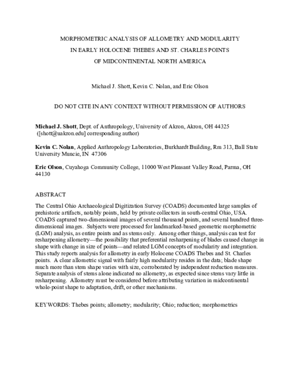 (DOC) MORPHOMETRIC ANALYSIS OF ALLOMETRY AND MODULARITY IN EARLY HOLOCENE THEBES AND ST. CHARLES ...