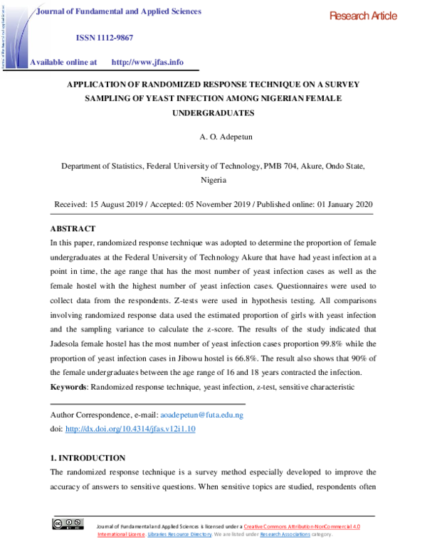 Pdf Application Of Randomized Response Technique On A Survey Sampling Of Yeast Infection Among