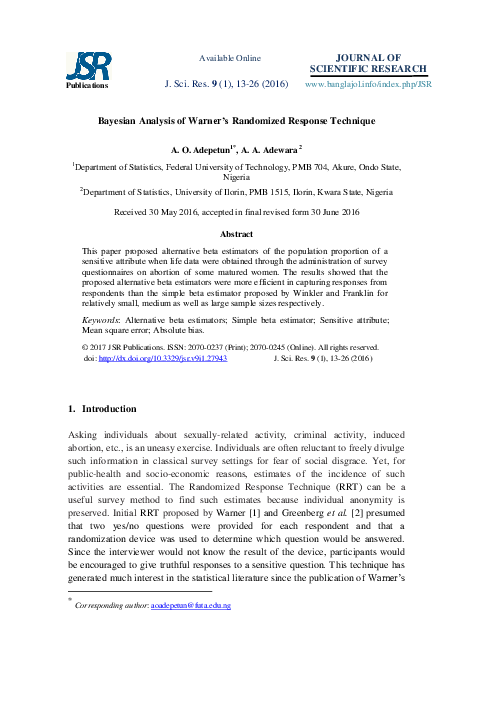(PDF) Bayesian Analysis of Warner s Randomized Response Technique