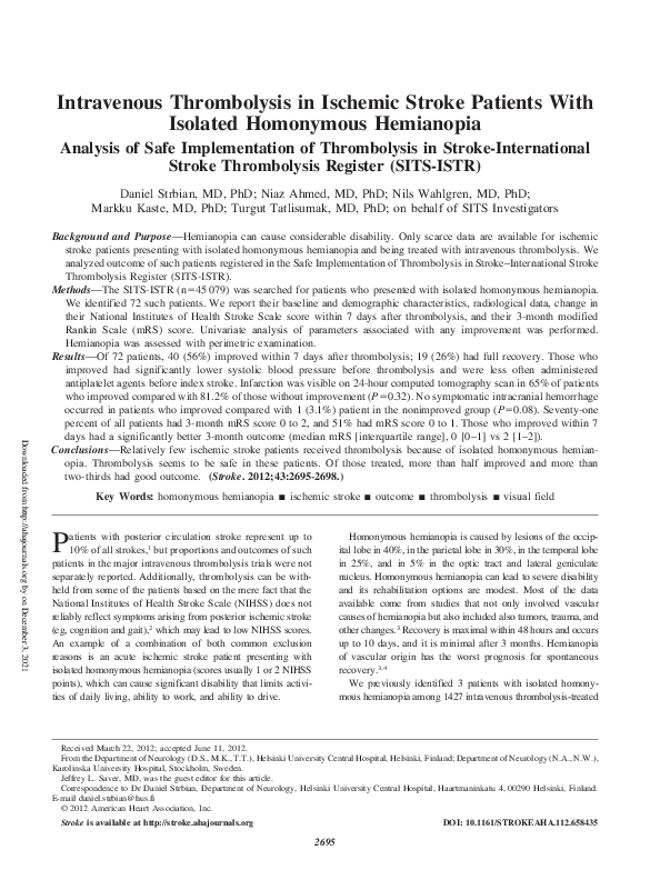 (PDF) Intravenous thrombolysis in ischemic stroke patients with ...