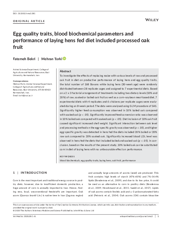 (PDF) Egg quality traits, blood biochemical parameters and performance of laying hens fed diet ...