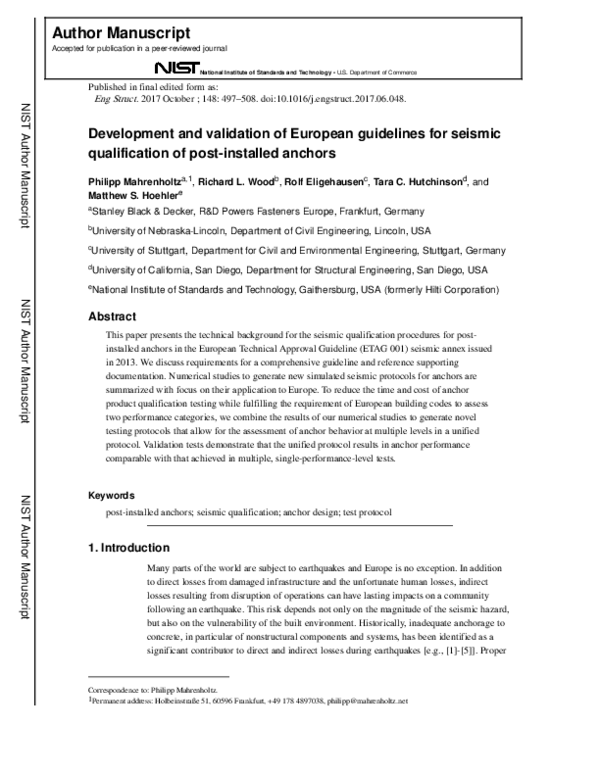Pdf Development And Validation Of European Guidelines For Seismic Qualification Of Post