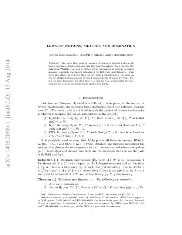 (PDF) Lowness notions, measure and domination