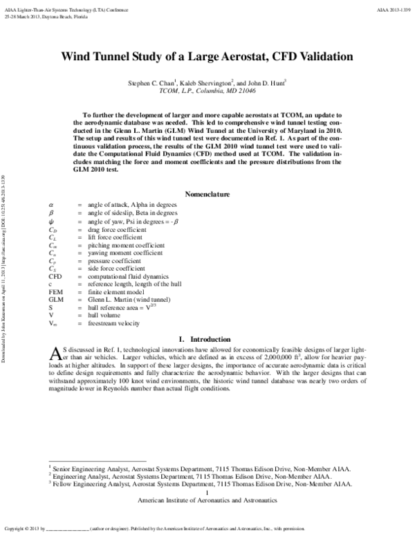 (PDF) Wind Tunnel Study of a Large Aerostat, CFD Validation
