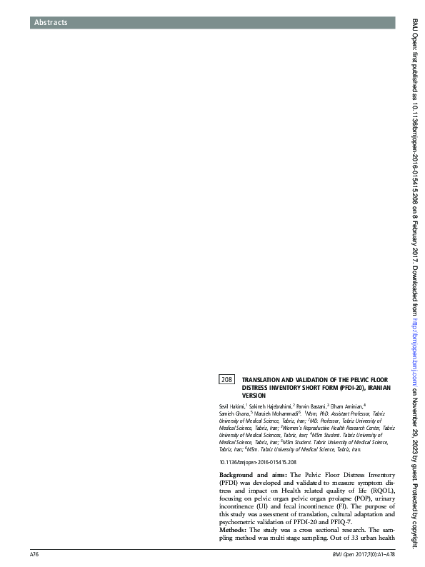 (PDF) 208: Translation and Validation of the Pelvic Floor Distress ...