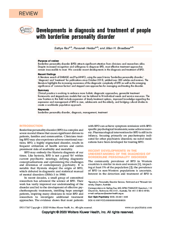 (PDF) Developments in diagnosis and treatment of people with borderline ...