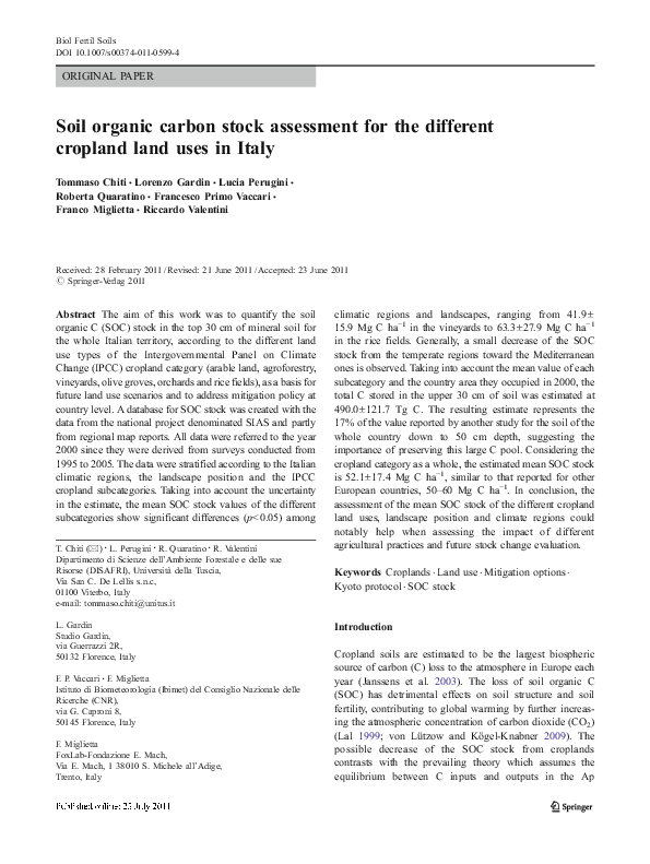 (PDF) Soil organic carbon stock assessment for the different cropland land uses in Italy